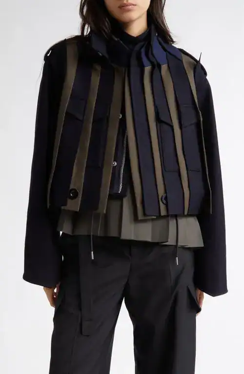 Sacai Pinstripe Melton Wool Crop Military Jacket In Dark Khaki